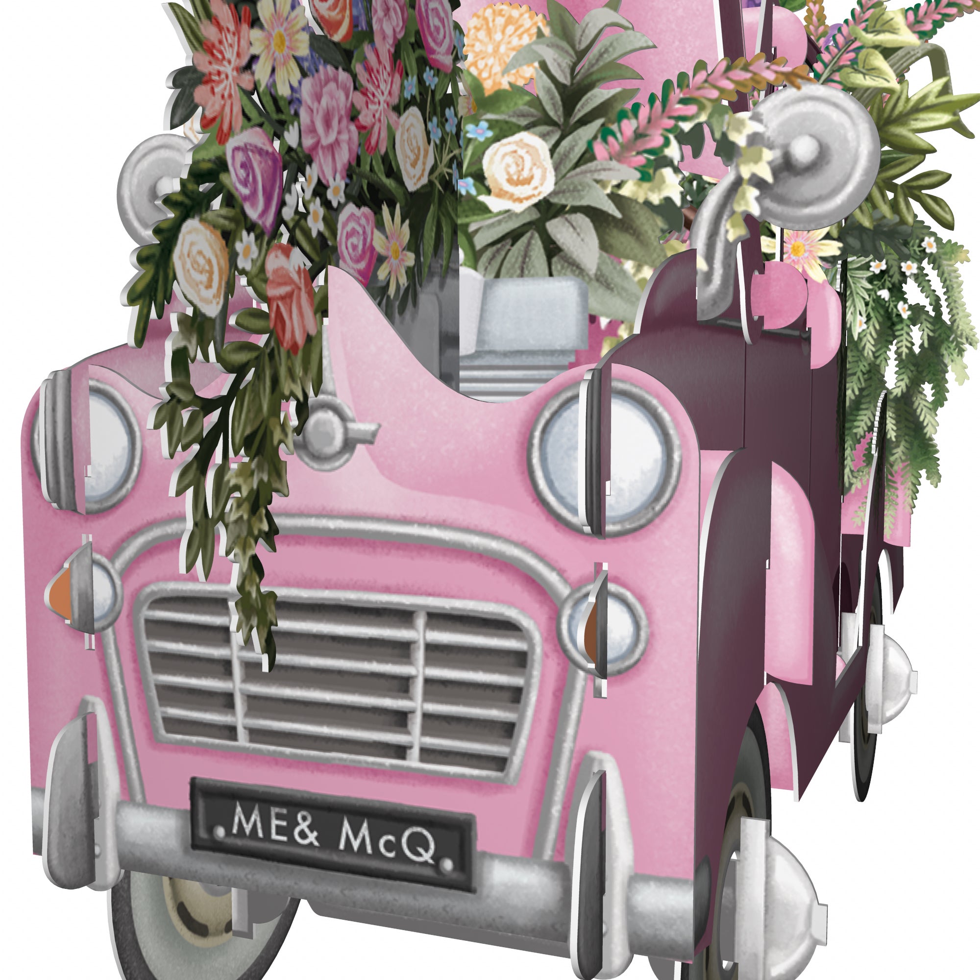 "The Pink Flower Car Wedding" - 3D Pop Up Greetings Card – Me&McQ